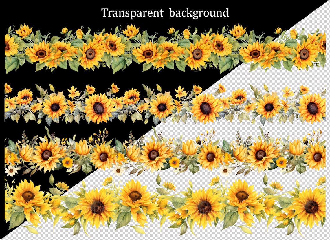 Sunflowers Border Clipart; Floral Frame PNG; Watercolor Flower Garland ...