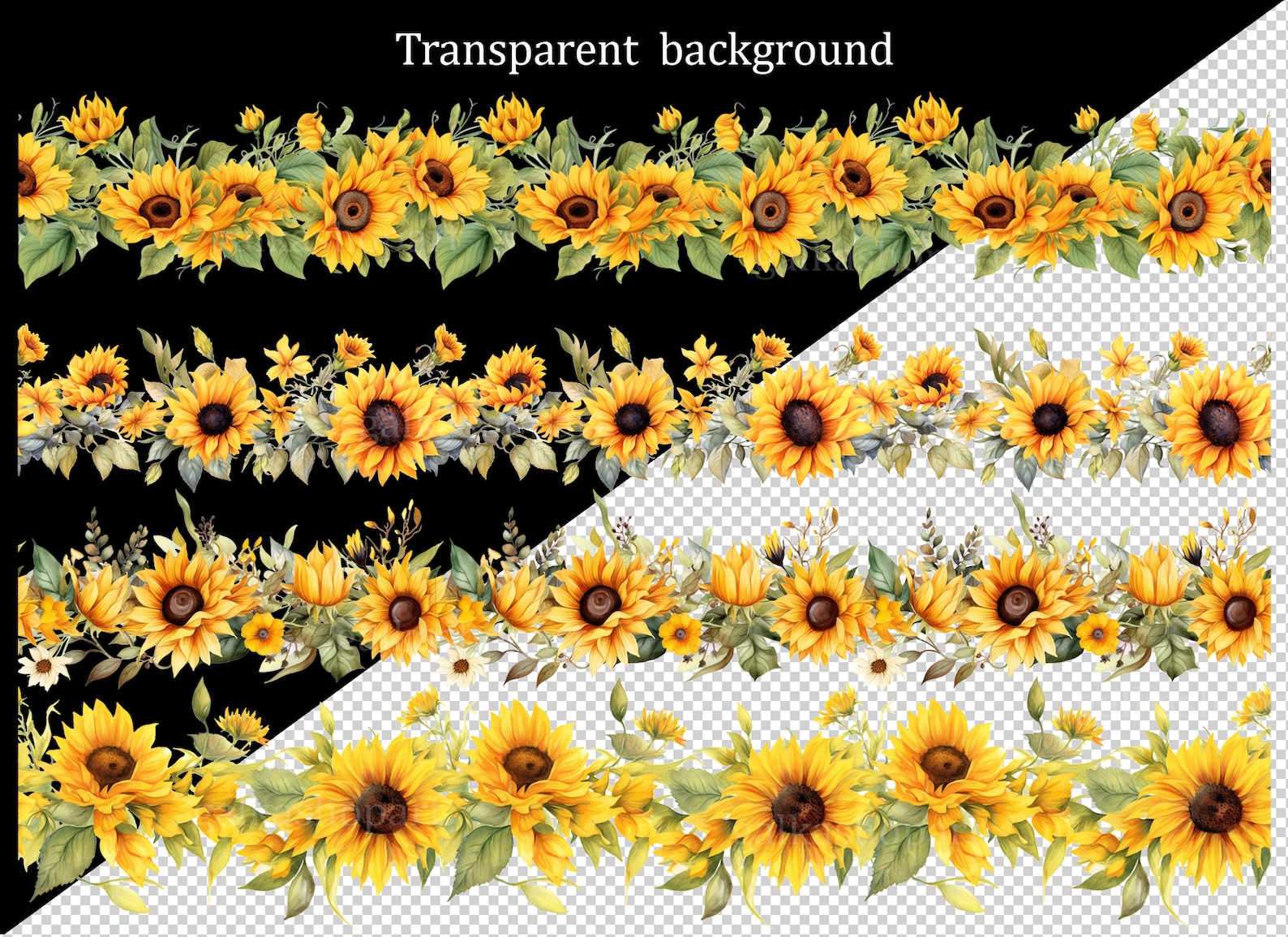 Sunflowers Border Clipart; Floral Frame PNG; Watercolor Flower Garland ...