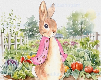 Flopsy Bunny Clipart, Peter Rabbit in Garden With Flowers, Watercolor ...