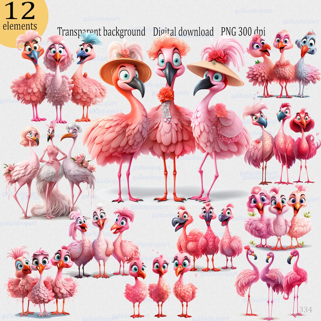 Eccentric 3 Female Flamingos 12 Cartoon Clipart PNG: Elegant Funny ...