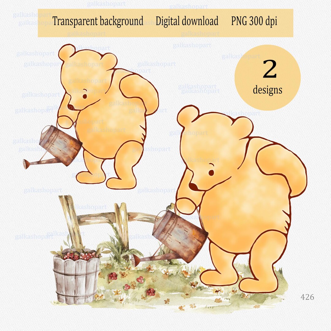 Classic Winnie the Pooh With Watering Can PNG: Floral Bear in Garden ...