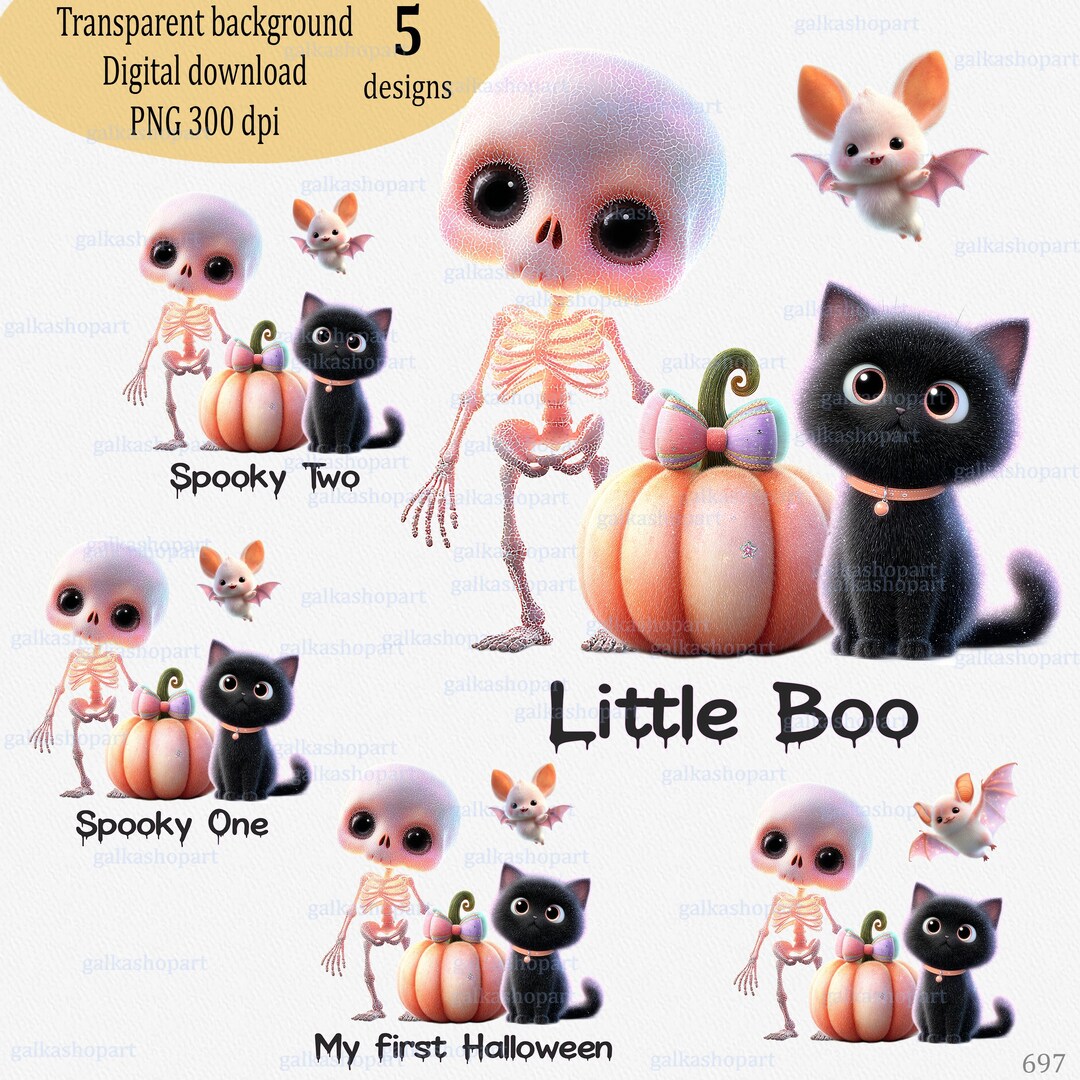 Cute Halloween Skeleton Cat Pumpkin Clipart, Little Boo Spooky One Two ...