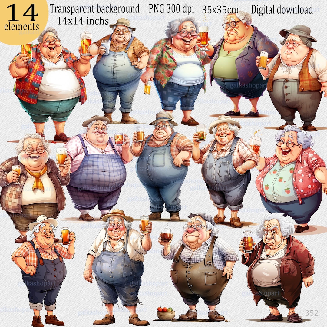 Humorous Caricature of a Funny Fat Grandma&grandpa - Farmer With a ...