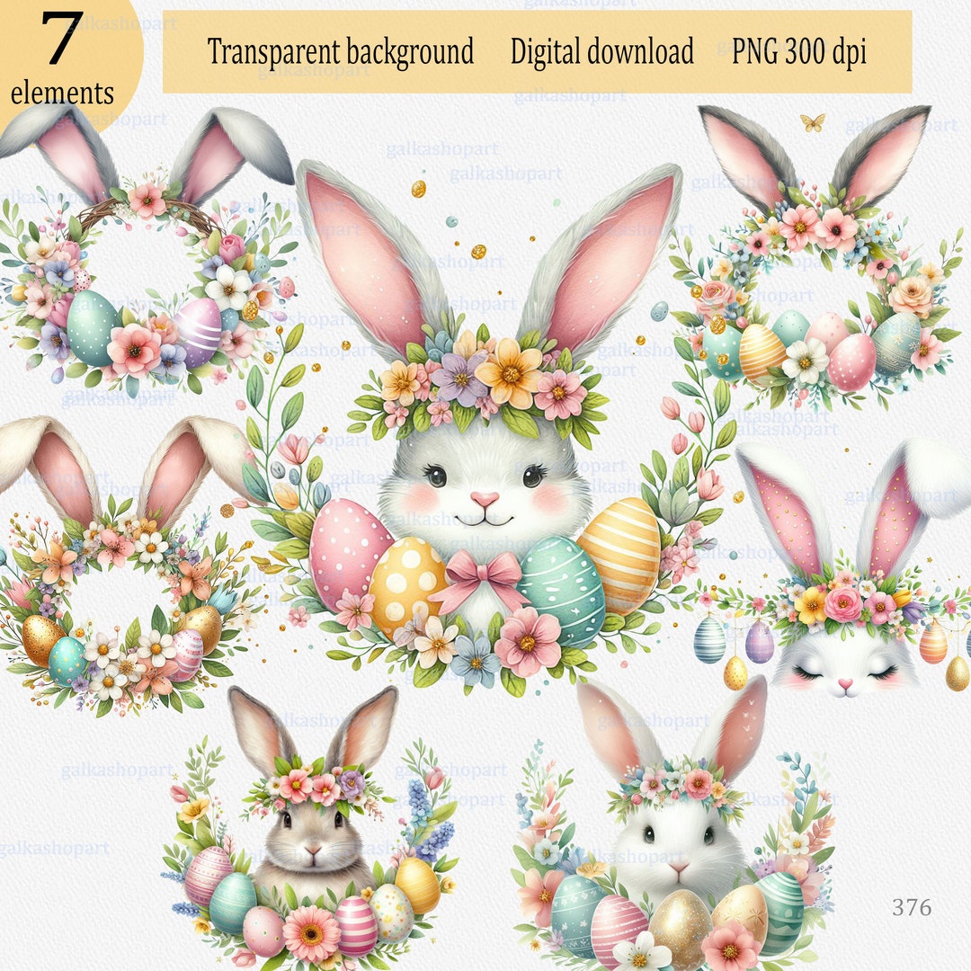 Happy Easter Floral Bunny Wreaths & Borders PNG Clipart: Rabbit Ears ...