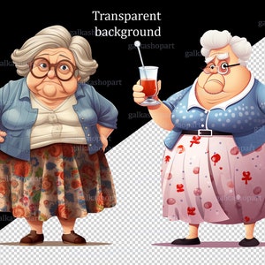 Set of 16 Humorous Caricature of a Funny Fat Grandma Farmer With a ...