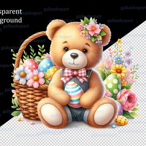 Illustration of Teddy Bear & Easter Basket With Eggs and Wildflowers ...