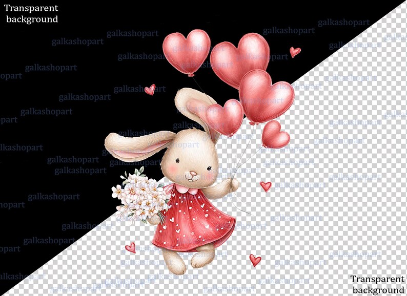 Love Bunny Clipart Set: Cute Romantic Rabbits With Heart Balloons ...