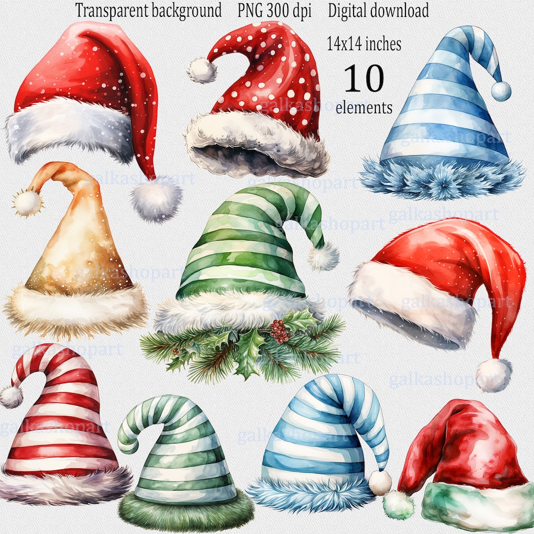 Christmas Santa Hat PNG Clipart: Set of 10 Winter Image, Holiday ...