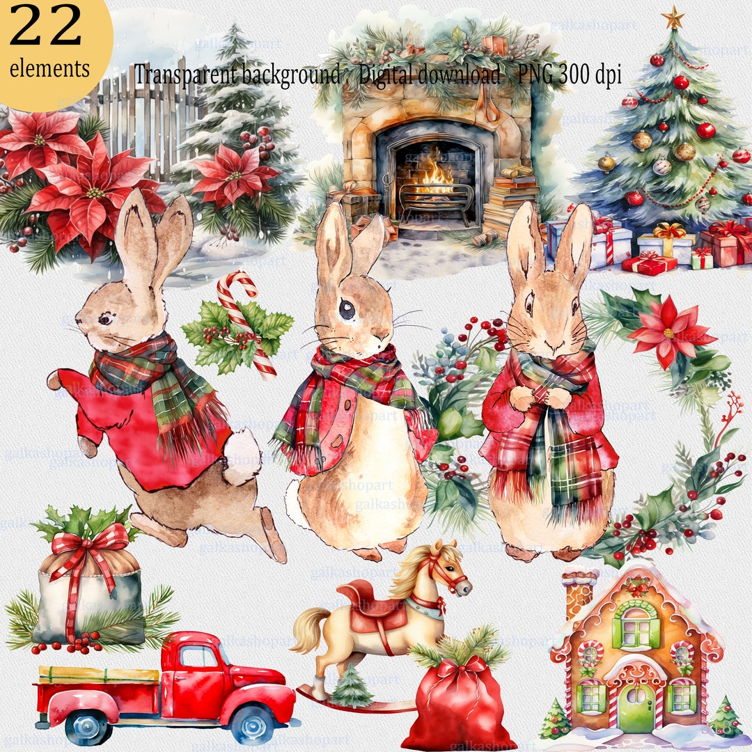 22 Christmas Peter Rabbit Clipart Bundle: Watercolor Flopsy Bunny and ...