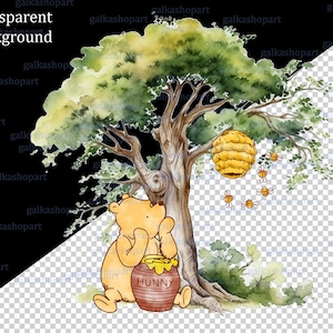 Clásico Winnie the Pooh con miel sentado debajo de un árbol alto de ...