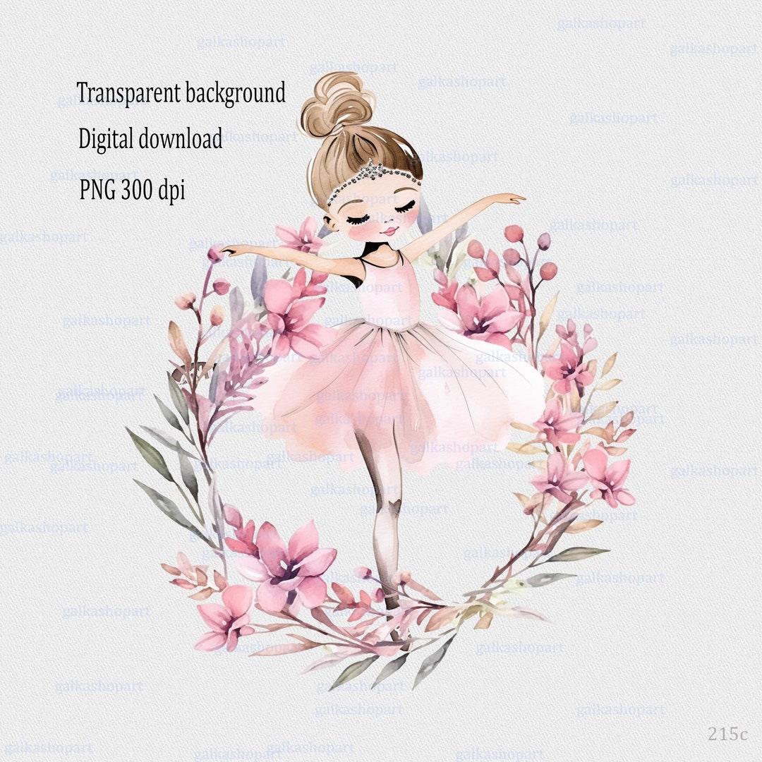 Watercolor Ballerina Girl Clipart: Pink Floral Wreath PNG for Nursery ...