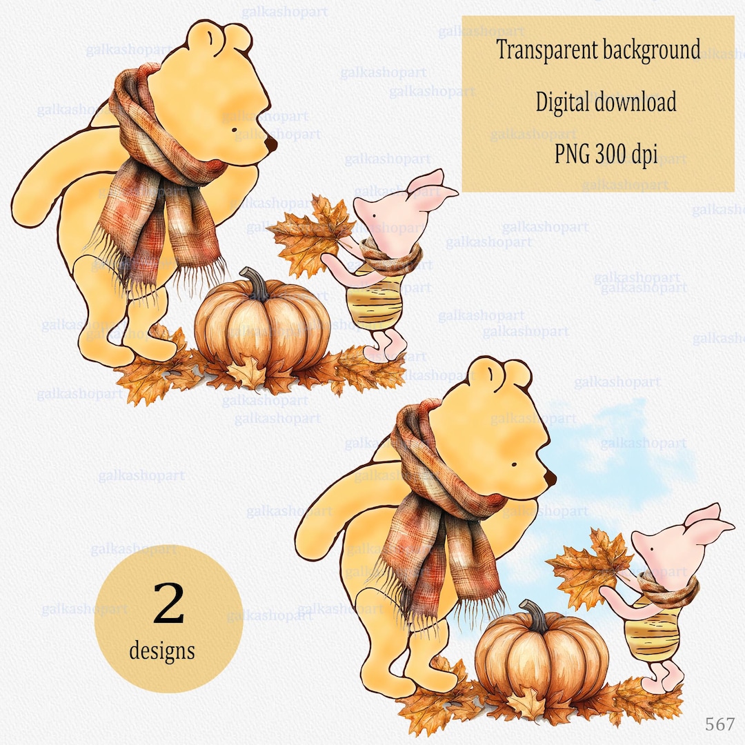 Classic Winnie the Pooh & Piglet Watercolor Clipart - Autumn Bear and ...