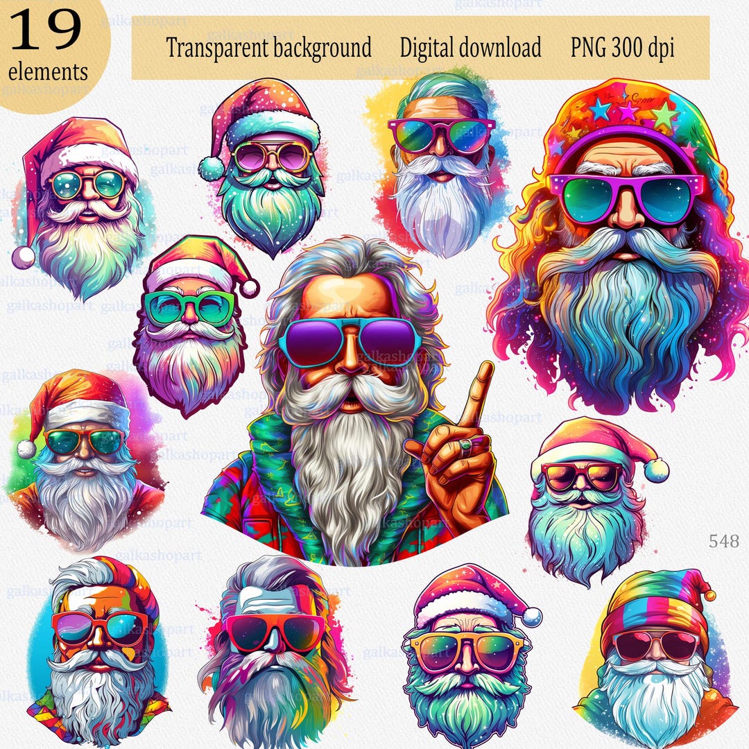 Rainbow Hippie Santa Claus PNG Clipart: Retro Glitter Designs, Colorful ...