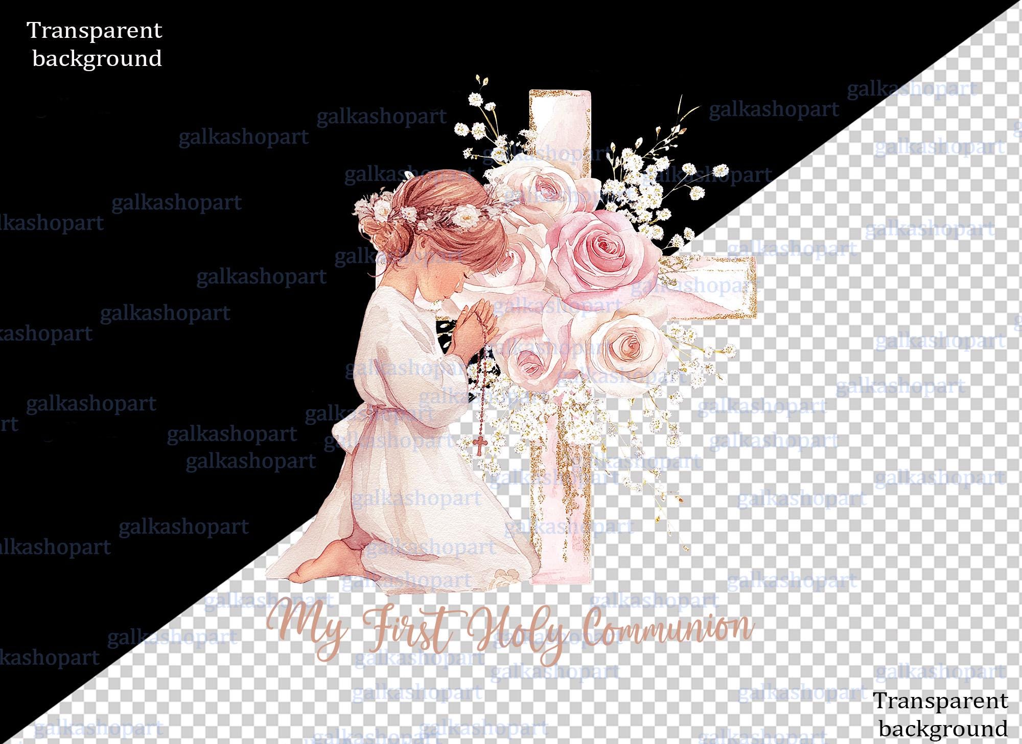 First Holy Communion PNG – Praying Girl Watercolor Clipart, Pink Floral ...