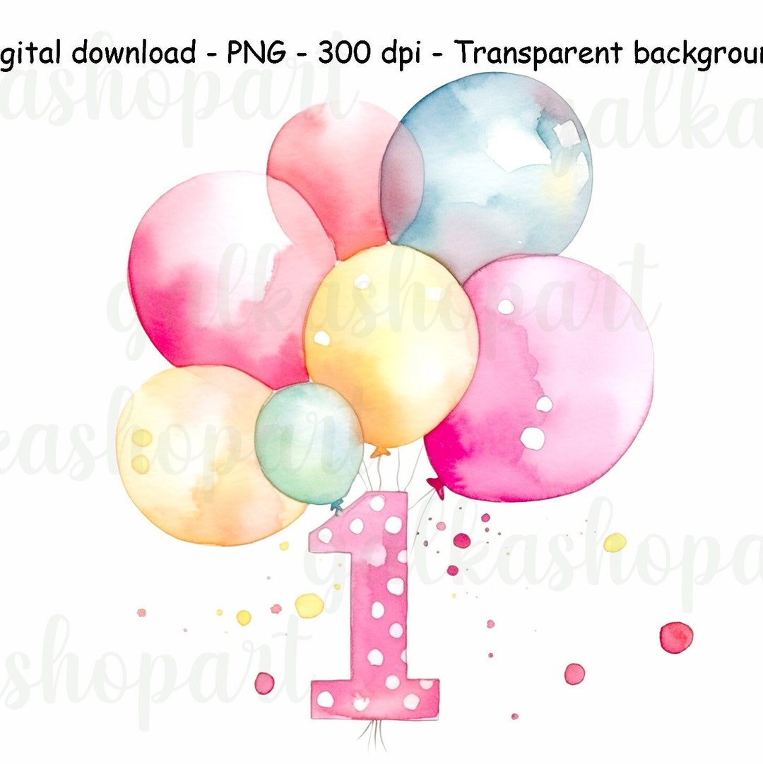 First Birthday Girl Balloon Clipart, Watercolor Number One With Pastel ...