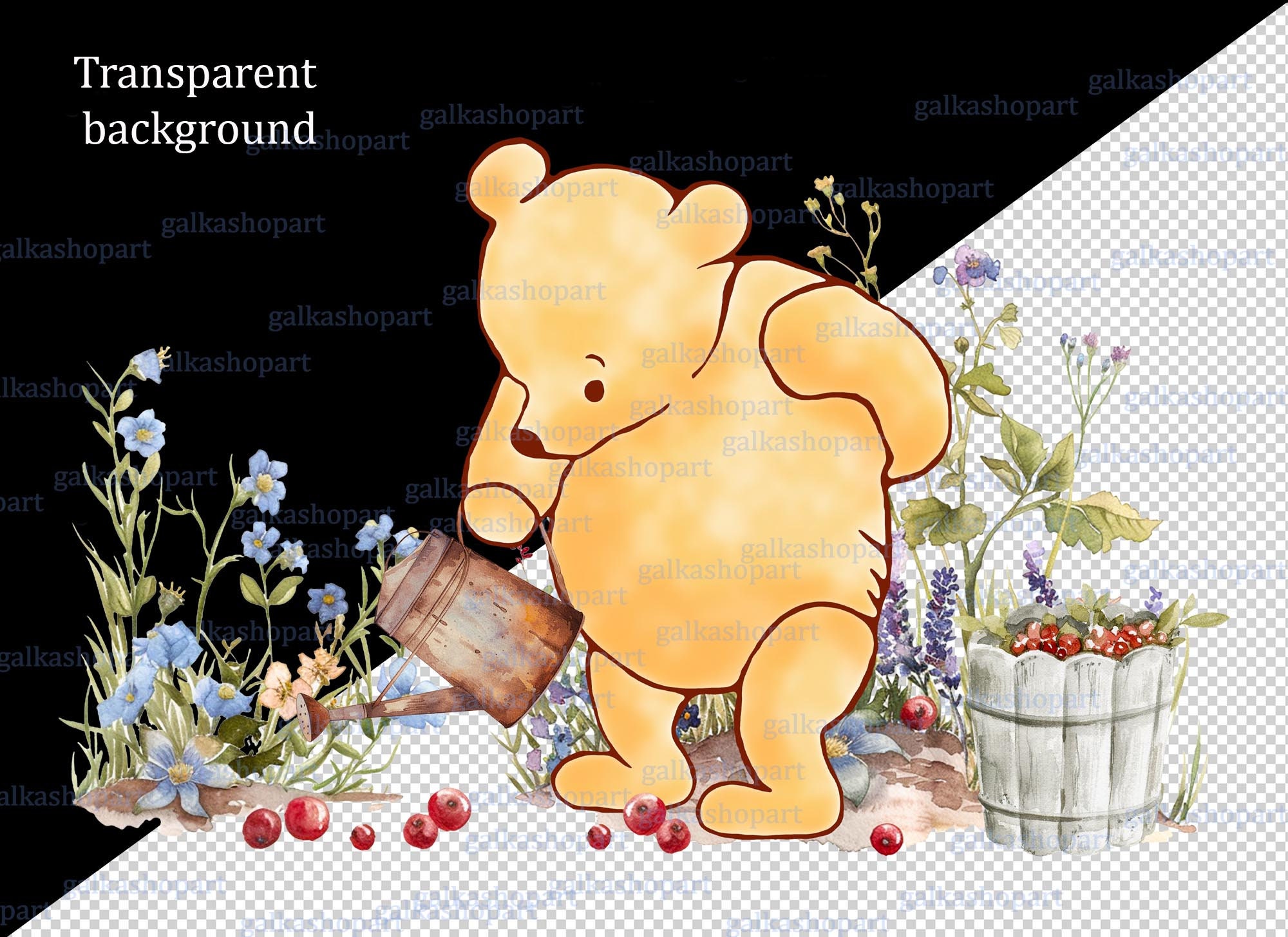 Classic Winnie the Pooh With Watering Can in Garden: Clipart PNG ...