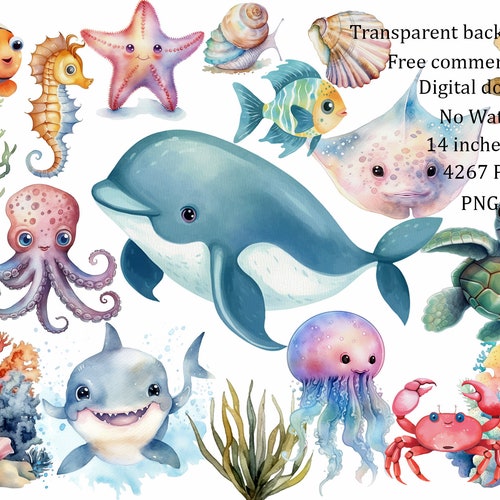 Ocean Animals Clipart Sea Animals Watercolor Clipart - Etsy