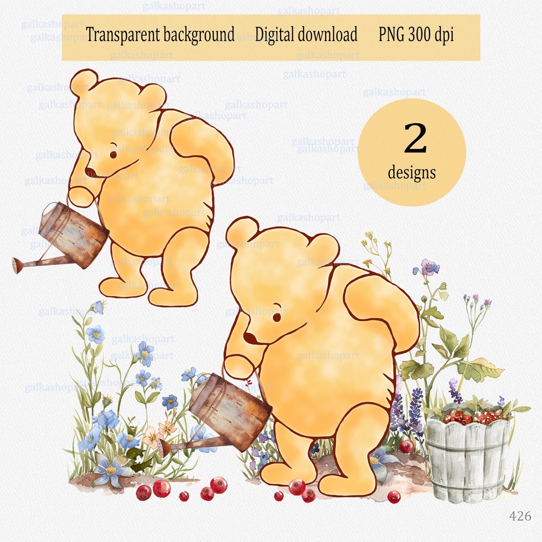 Classic Winnie the Pooh With Watering Can in Garden: Clipart PNG ...