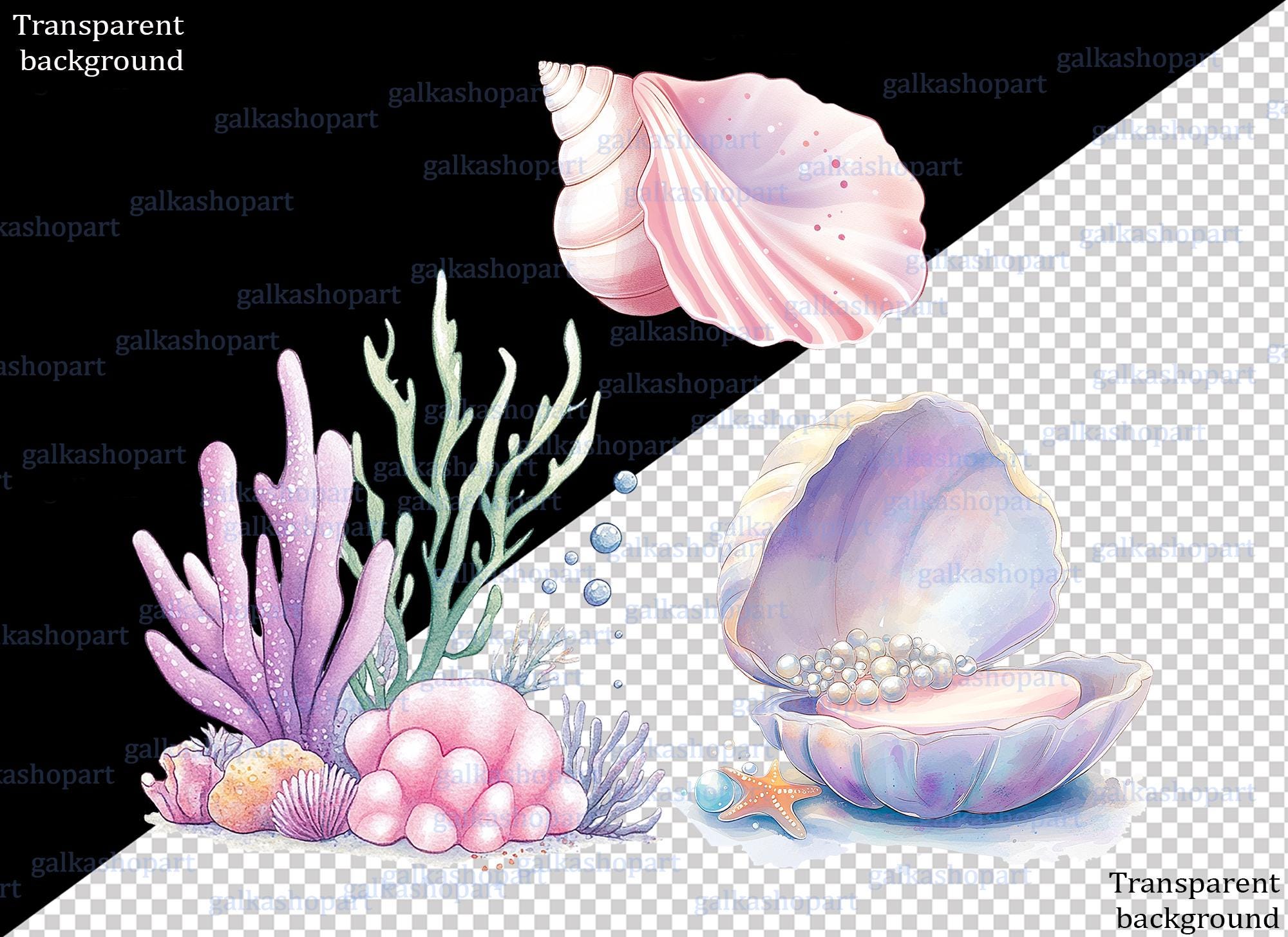 Sea Life & Mermaid Clipart PNG – Watercolor Ocean Animals, Glitter ...