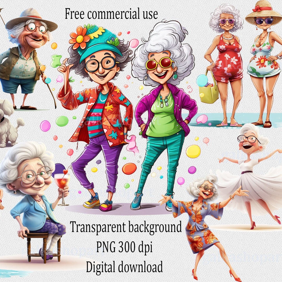 Funny Old Ladies Clipart PNG Woman Fisherman Cute Cartoon - Etsy Denmark