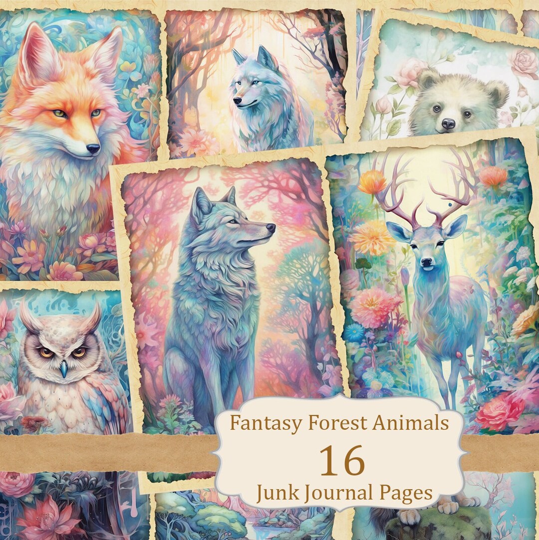 Fantasy Forest Animals Junk Journal Kit, Watercolor Bear Fox Wolf ...