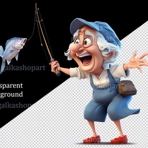 Funny Old Ladies Clipart PNG, Happy Woman Fisherman, Cute Cartoon Drunk ...
