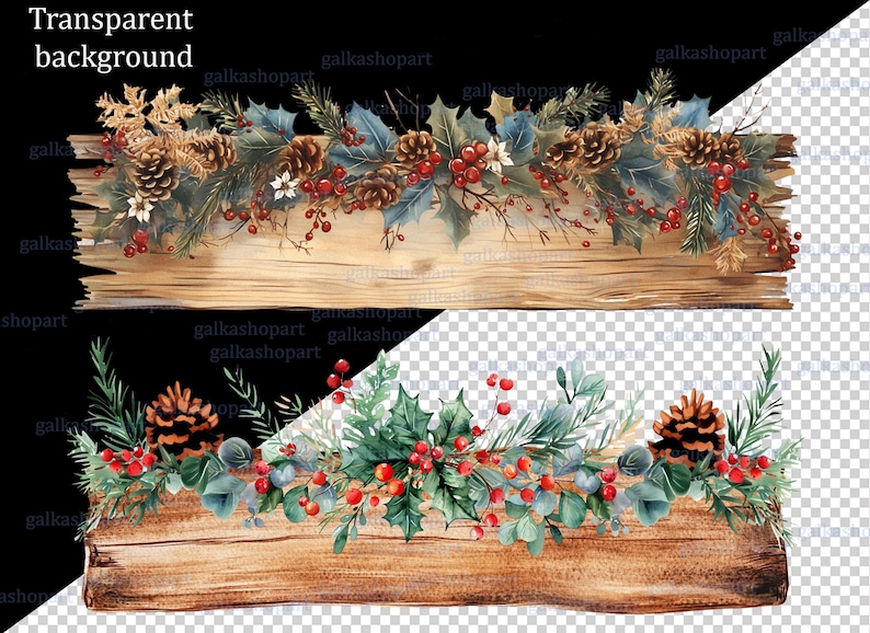 Christmas Wood Borders Clipart: Winter Floral Garland, Pinecone & Holly ...
