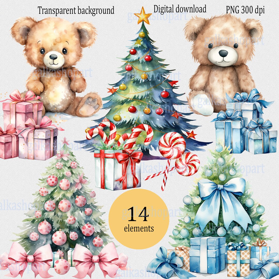 Clipart Set of 14 Pngs Watercolor Christmas Elements on Transparent ...