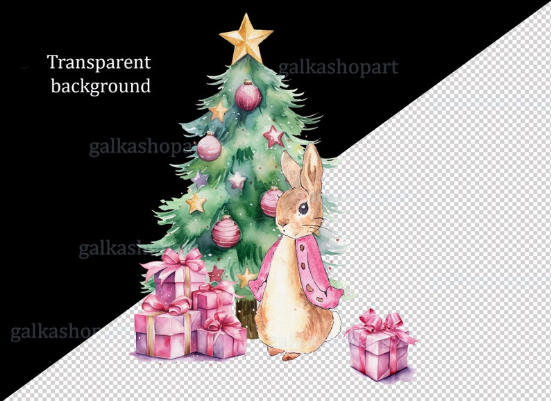 Flopsy Bunny Christmas Tree Clipart PNG: Watercolor Pink Peter Rabbit ...