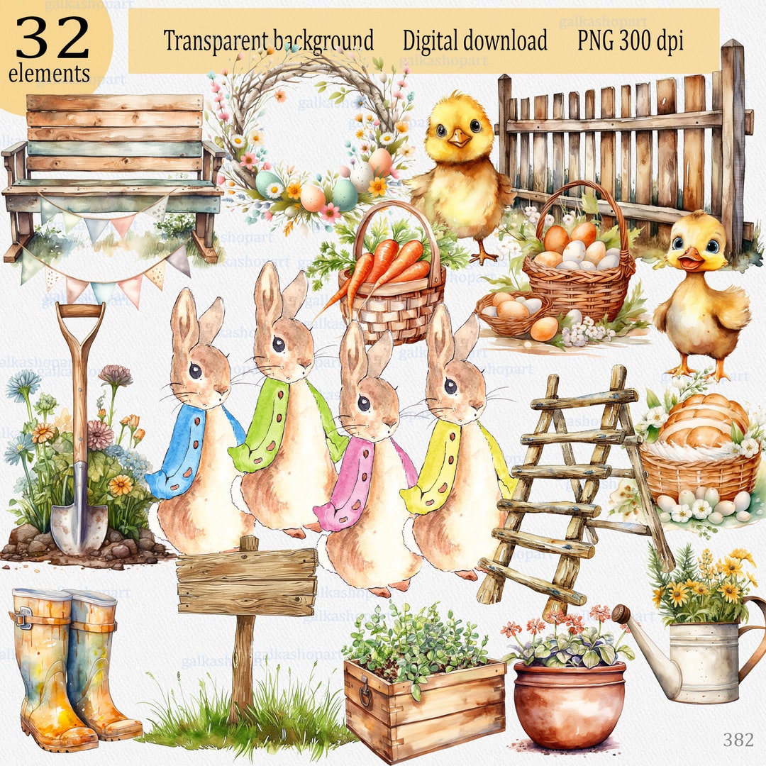 Peter Rabbit Gardening Clipart Bundle PNG: Watercolor Rabbits, Tools ...