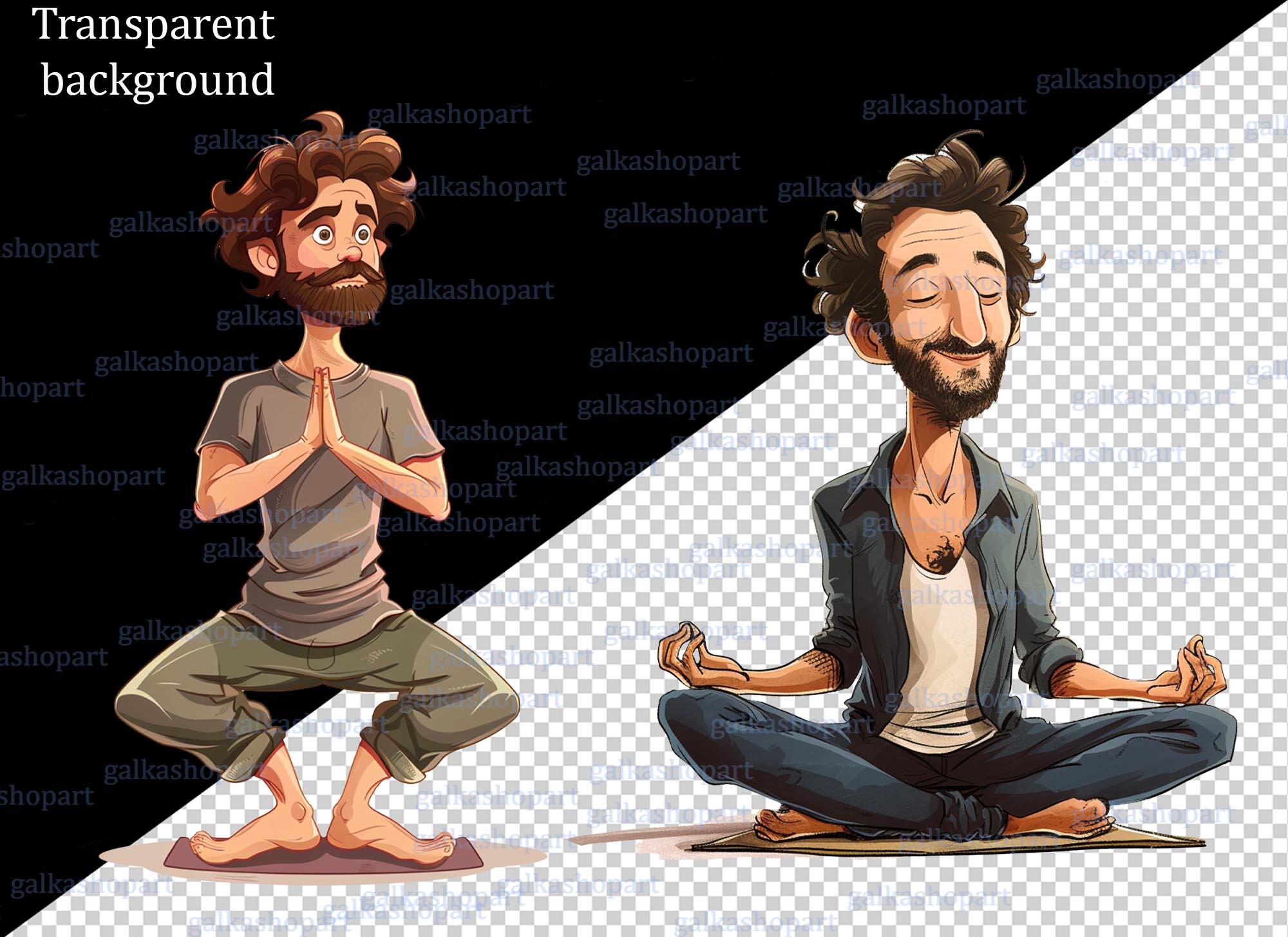 Yoga Men Cartoon Clipart: 13 PNG Meditation Poses Set for Sublimation ...