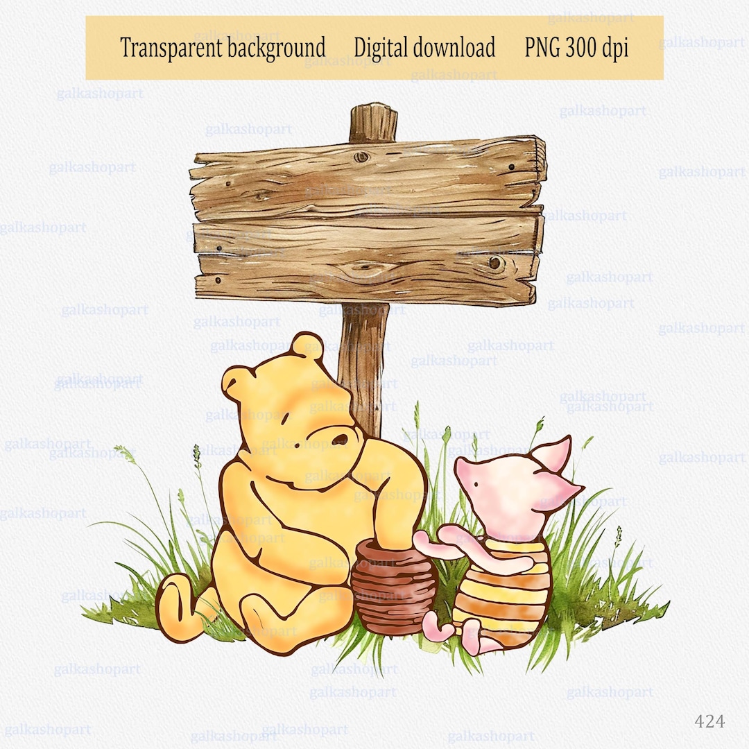 Classic Winnie the Pooh and Piglet Near Wooden Sign on a Pole: Clipart ...