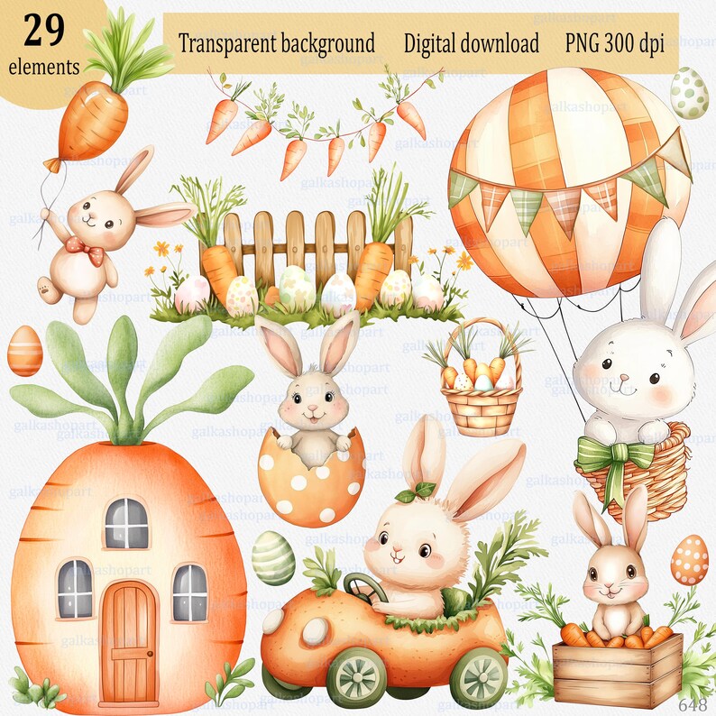 Cute Easter Bunny Carrot Clipart, Little Rabbit PNG, Spring Boho ...