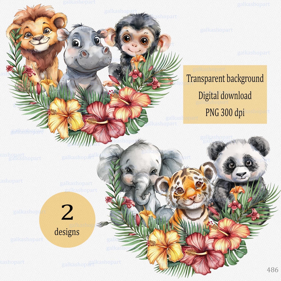 Safari Animals in Tropical Border Png Clipart: Watercolor Jungle ...