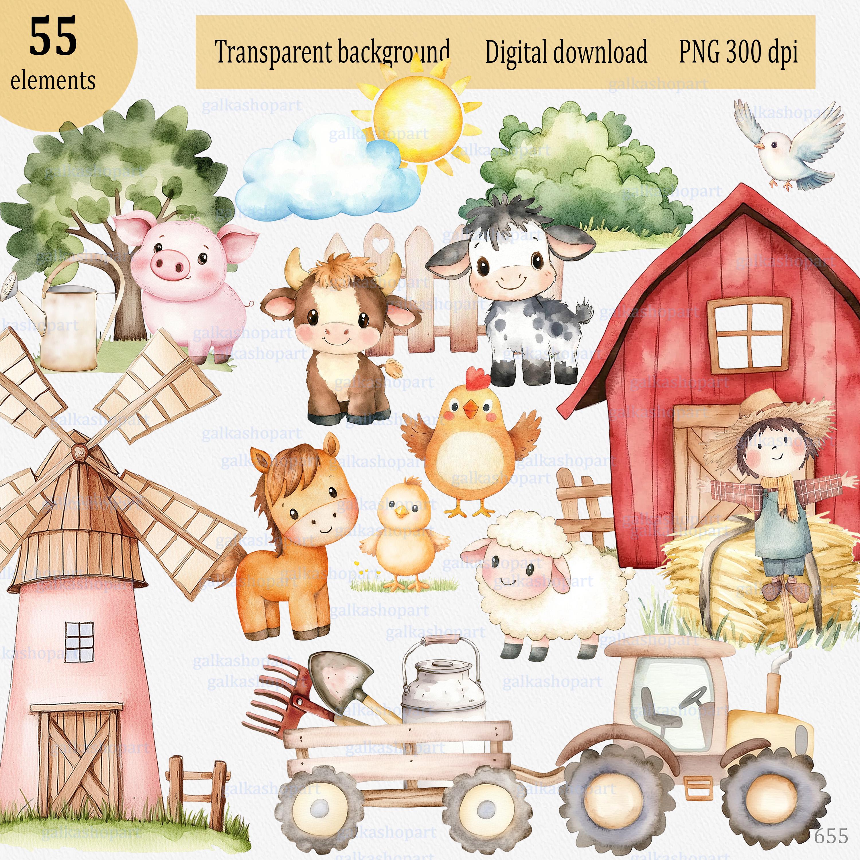 Cute Farm Animal Clipart, Watercolor Pngs, Farm Life Birthday Party ...