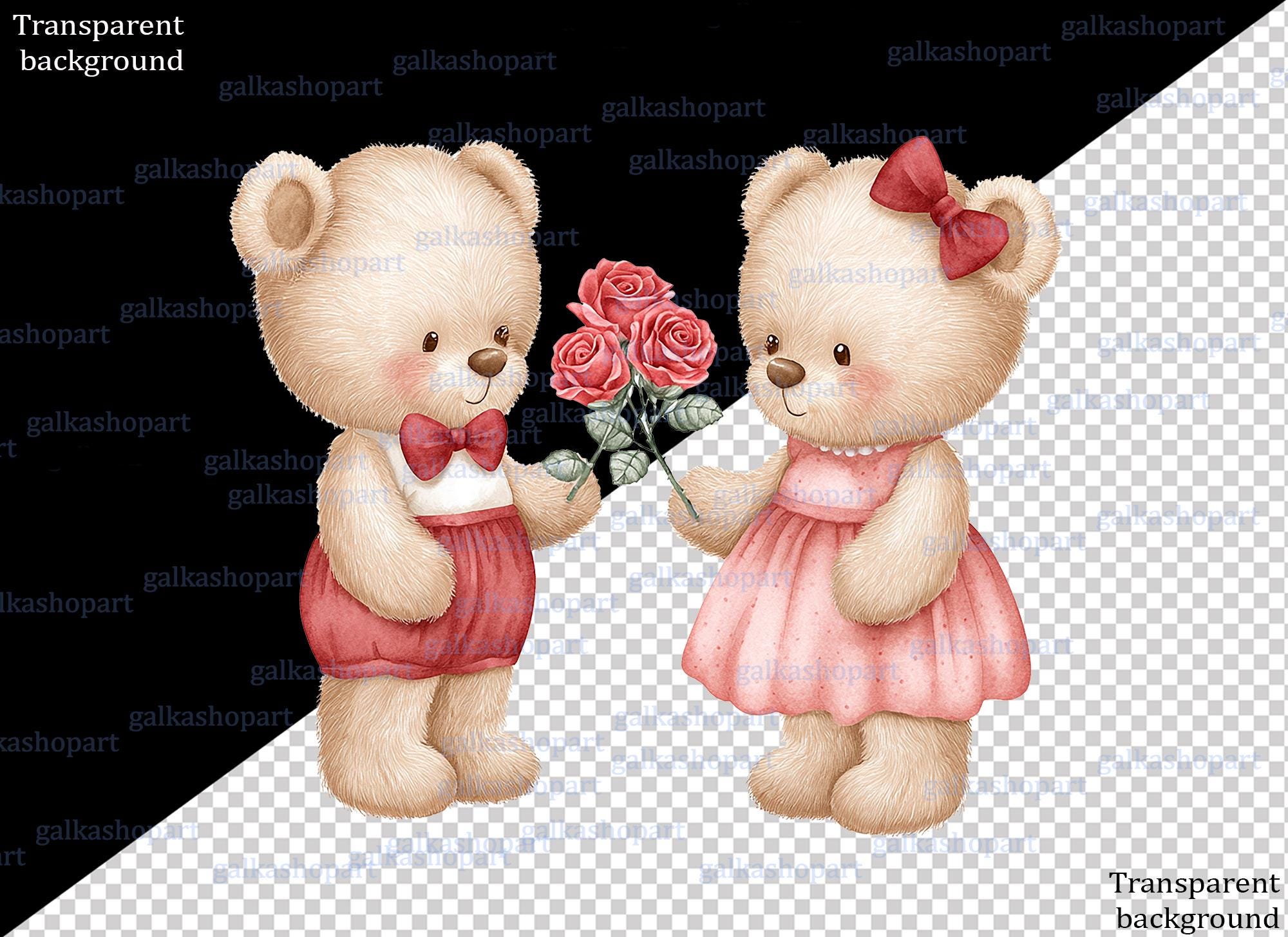 Valentine Teddy Bears Clipart Set, Cute Love Bears PNG With Hearts ...