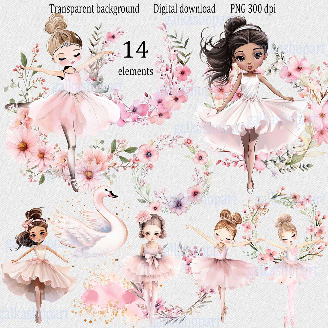 Clipart Set of 14 Watercolor Ballet Elements on Transparent PNG: Little ...