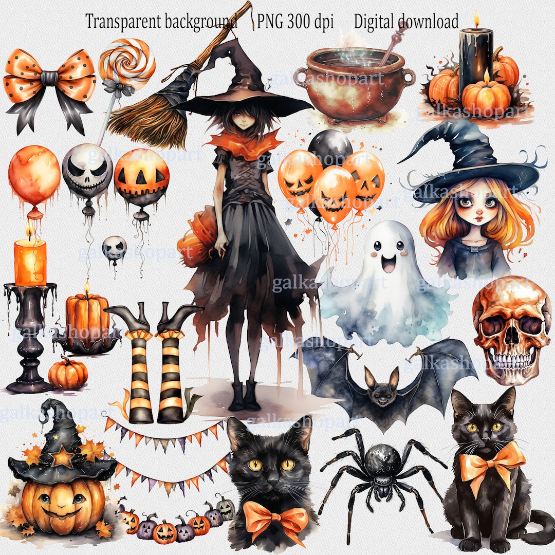 Halloween Clipart PNG: Cute Witch, Cat, Pumpkin, Ghost, Skull, Bat ...
