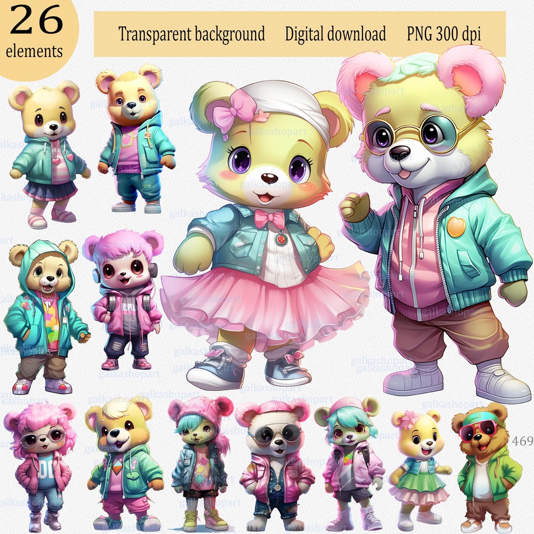 Clipart Set of 26 Trendy Teddy Bears in Pastel Colors: Animal Toy ...