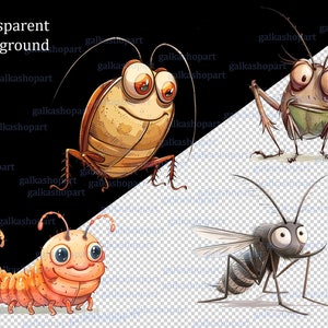 Set of 32 Watercolor Quirky Insect: Funny Comical Cartoon Clipart PNG ...
