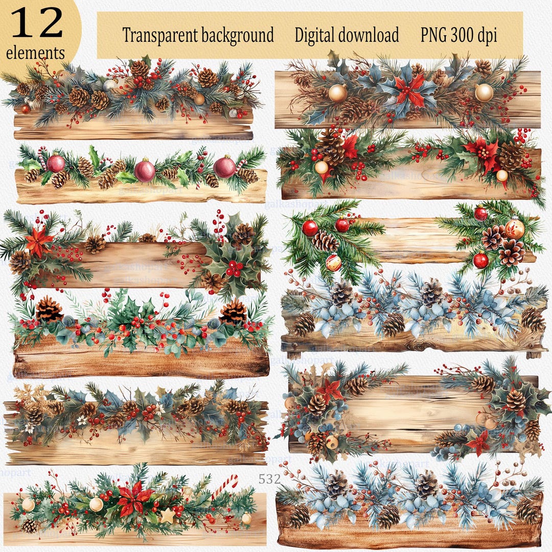 Christmas Wood Borders Clipart: Winter Floral Garland, Pinecone & Holly ...