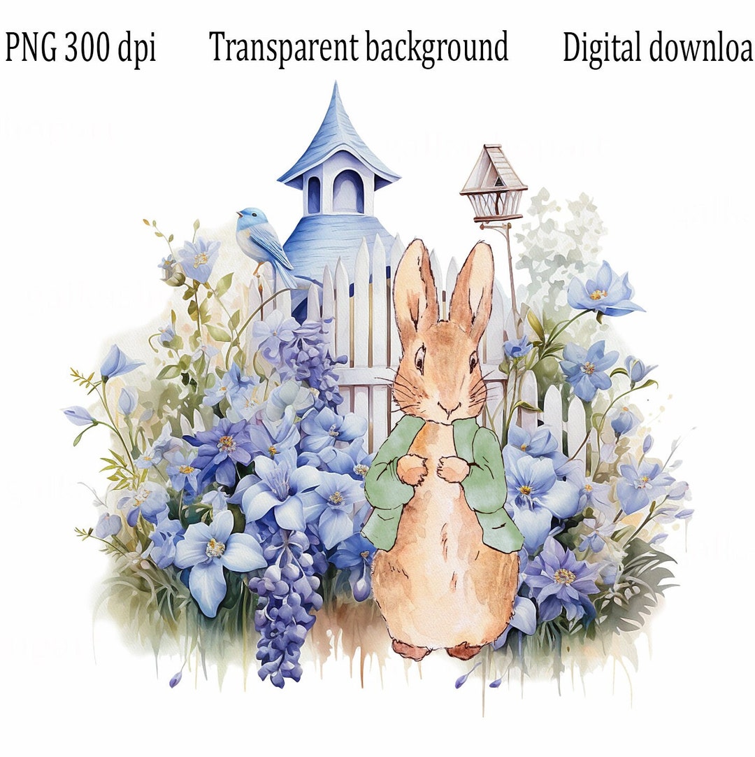 Peter Rabbit Garden PNG Clipart: Watercolor Bunny With Blue Flower ...