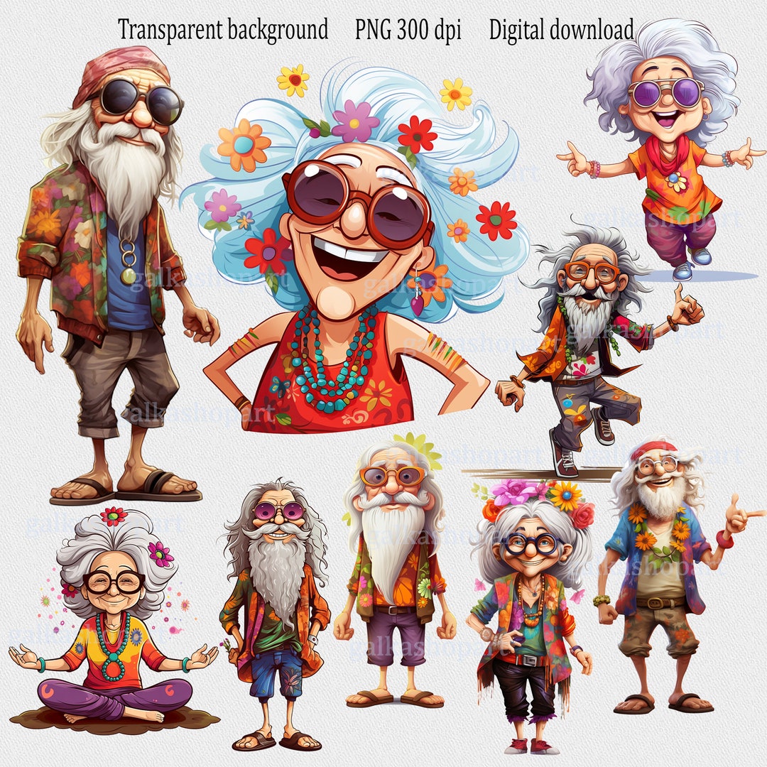 Old Hippie Woman and Man Clipart PNG: Cute Happy Elderly Lady, Cartoon ...