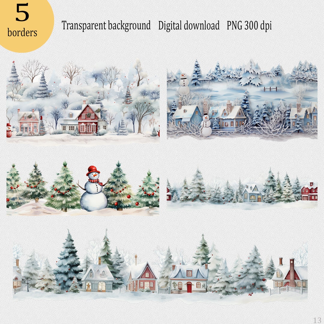 Watercolor Christmas Border Clipart PNG: Frame of Xmas Tree & Snowmen ...