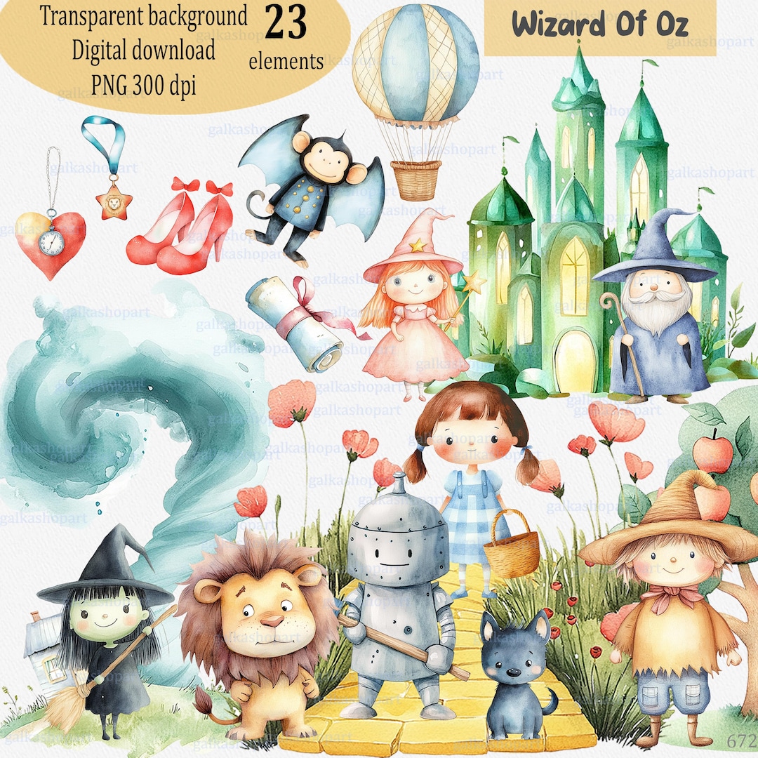 Wizard of Oz Watercolor Clipart PNG, Fairytale Characters: Dorothy, Tin ...