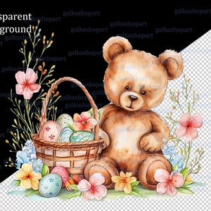 Illustration of Teddy Bear & Easter Basket With Eggs and Wildflowers ...