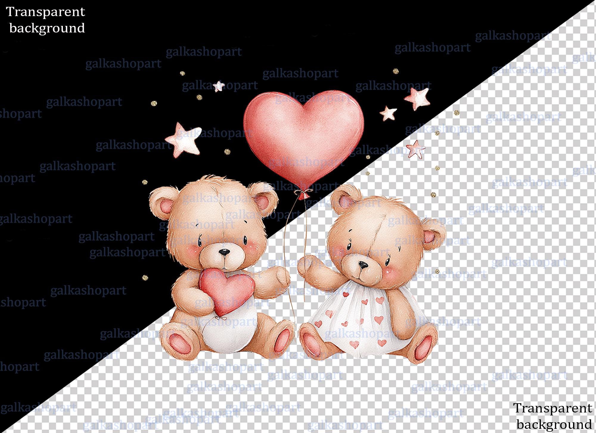 Valentine Teddy Bears Clipart Set, Cute Love Bears PNG With Hearts ...
