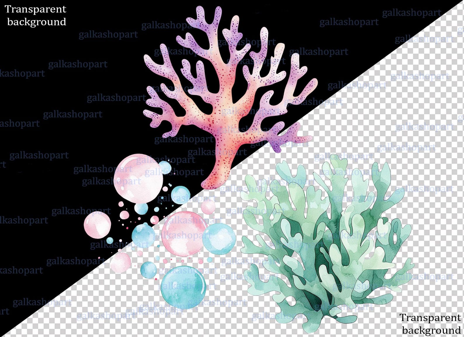 Sea Life & Mermaid Clipart PNG – Watercolor Ocean Animals, Glitter ...