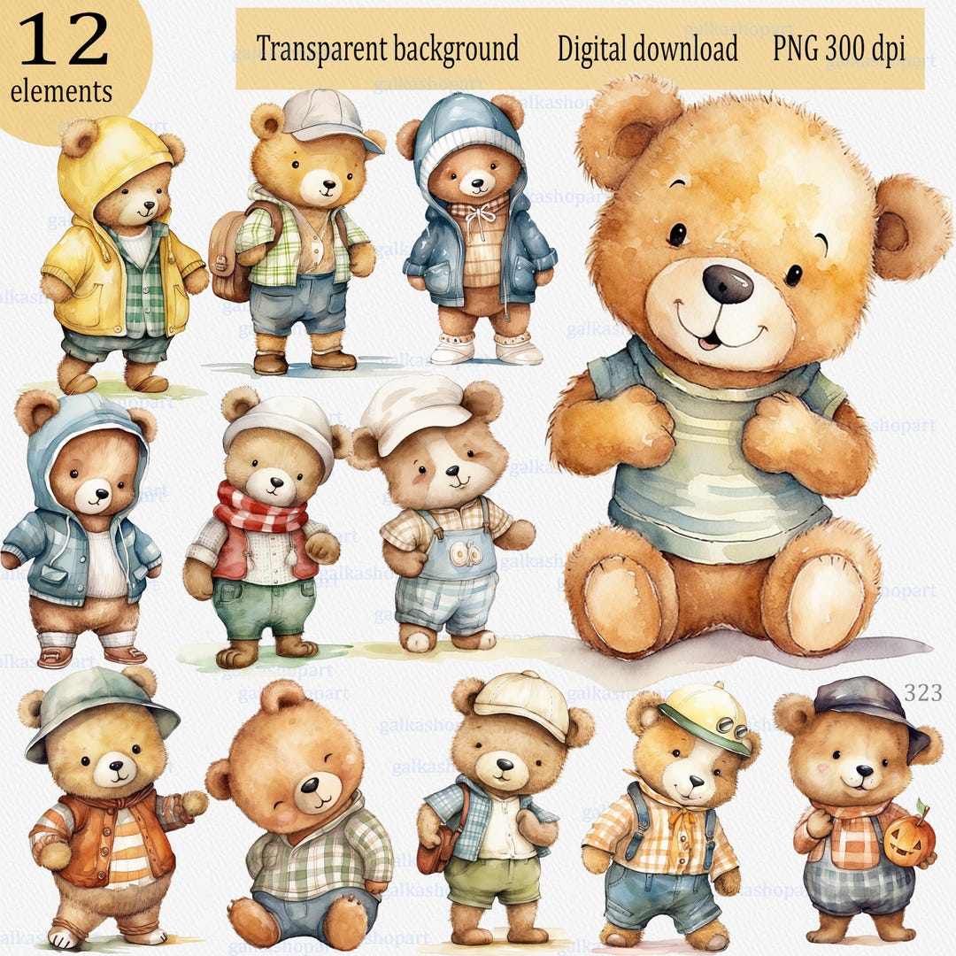 Watercolor Cute Teddy Bears PNG Clipart: Autumn Winter Sublimation ...