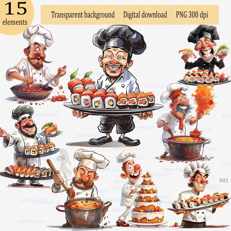 Funny Chef Cartoon Clipart: Goofy Cook and Baker PNG Set, Kitchen Decor ...